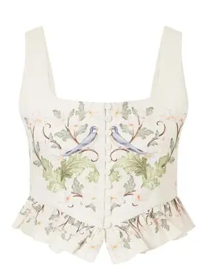 Agua Bendita Eslabon Anhelo' Floral Print Linen Cropped Top - Neutrals