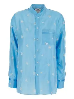 FORTE_FORTE Silk Shirt With Mandarin Collar And Floral Embroidery - Blue