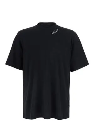 Amiri Crew Neck T-shirt With Wide Short Sleeves And Logo Lettering Embroidery On The Neck In Tech Fabric For - Black