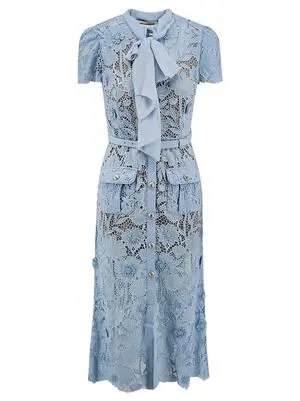 SELF-PORTRAIT Lace Midi Dress With Belt - Blue