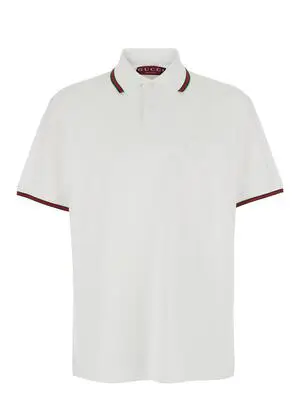Gucci Polo Shirt With Web Detail On Collar And Sleeves And Tone-on-tone Logo Lettering On The Front In Cotton For - White