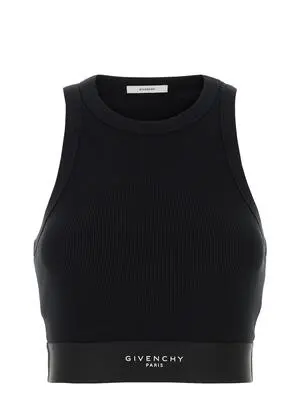 Givenchy Stretch Cotton Ribbed Crewneck Top With Logo Hem - Black