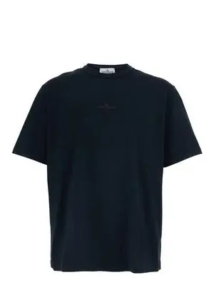 Stone Island Blue Crew Neck T-shirt With Logo Lettering Embroidery On The Front In Cotton For - Multicolor