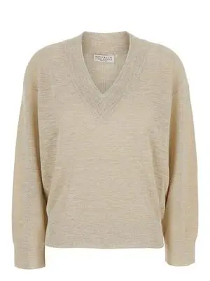 Brunello Cucinelli Beige Linen Blend V-neck Sweater - Multicolor