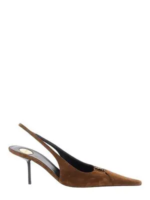 Saint Laurent Babylone Slingback Pumps With Cassandre Plate - Brown