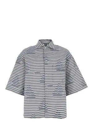Jacquemus La Chemise Plage' Blue Bowling Shirt With Sailboat Stripe Motif In Cotton For - Multicolor