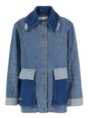 GANNI Denim Jacket With Fringed Collar And Patchwork Design - Multicolor
