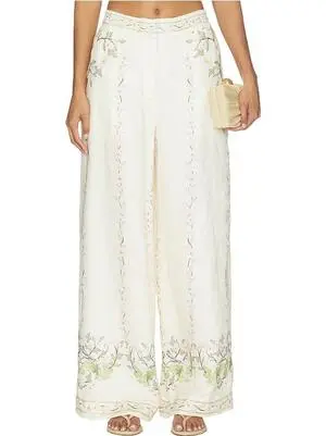 Agua Bendita Embroidered Linen Wide Leg Pants - Multicolor