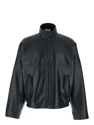 Bottega Veneta Leather Bomber Jacket With Intreccio Collar - Multicolor