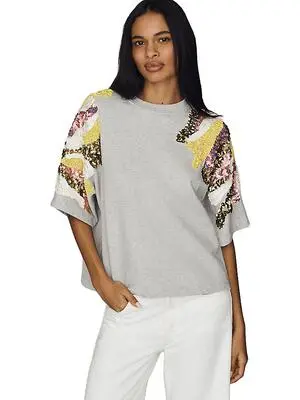 Essentiel Antwerp Jadda Embellished Short Sleeve Sweatshirt - Silver Lining