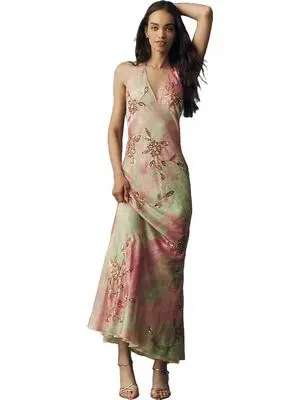 Bhldn Abstract Satin Slip Maxi Dress - Pink Pattern