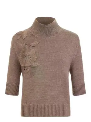 Oscar De La Renta Hibiscus Embroidered Knit Pullover - Brown