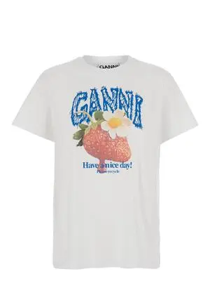 GANNI GANNI Cotton T-Shirt With Strawberry And Logo Print Multicolor