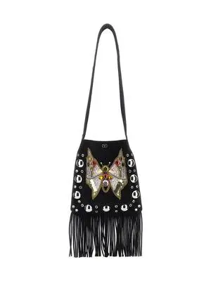 Valentino Garavani Nellcote Medium Black Crossbody Bag With Embroidered Butterfly - Multicolor