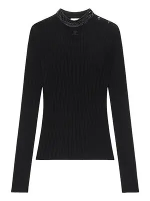 COURREGES Ribbed Knit Top With Logo Patch - Black