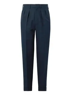 TOM FORD Tapered Pleated Cotton Trousers - Navy