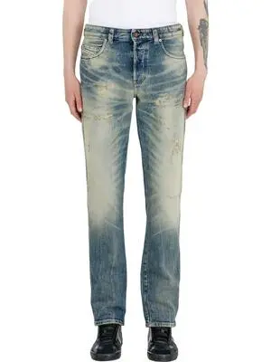 DIESEL® Slim Fit Button Fly Jeans With Distressed Medium Wash - Blue