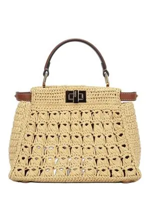 Fendi Peekaboo Mini Woven Raffia Bag With Leather Trim - Multicolor