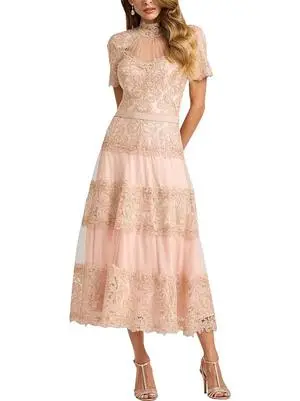 Tadashi Shoji Stelly Lotus Embroidered Tulle Midi Dress - Petal/gold