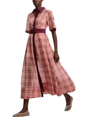 Karen Millen Short Sleeve Midi Shirt Dress With Geometric Print And Belt - Multi