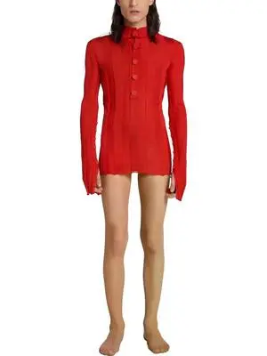 ROT Ribbed Silk Henley Sweater - Red
