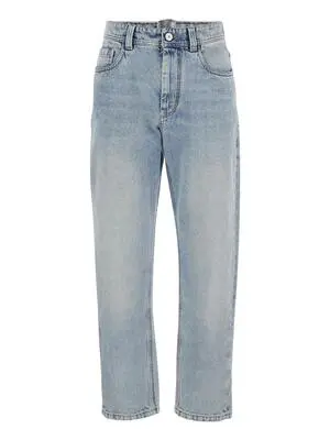 Brunello Cucinelli Light Blue Denim Jeans With Logo Patch And Contrast Stitching - Multicolor