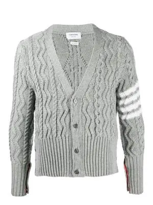 Thom Browne 4-bar Aran Cable Knit V-neck Cardigan - Light Gray