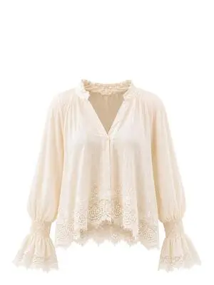 IZABELA MANDOIU Ivory Lace Embroidered Bohemian Blouse With Bell Sleeves - White