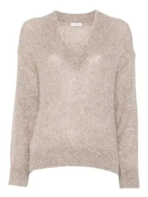 Brunello Cucinelli Sequin-embellished V-neck Sweater - Nude