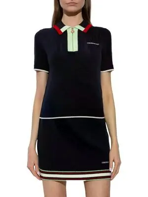 Casablanca Logo Embroidered Zip-up Polo Shirt - Blue