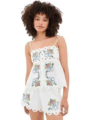 Moon River Scallop Floral Embroidered Top - White Multi