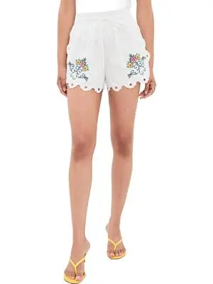 Moon River Scallop Floral Embroidered Shorts - White Multi