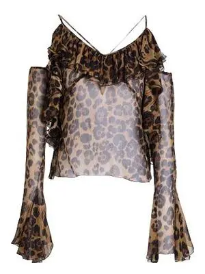 Blumarine Silk Chiffon Leopard Print Ruffled Off-the-shoulder Top - Brown