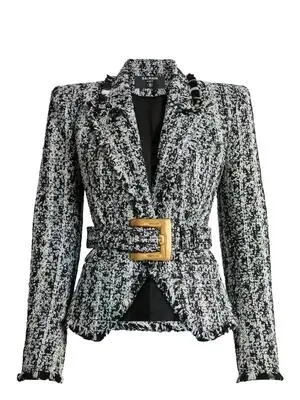 Balmain Two-tone Tweed Belted Jacket - Black