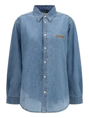 Miu Miu Chambray Denim Shirt With Logo Detail - Light Blue