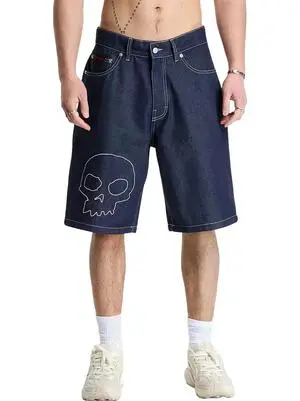 PLEASURES Skull Embroidered Denim Shorts - Blue