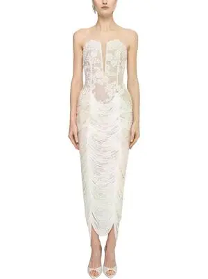 NISSA Fringed-hem Lace Midi Dress - Neutrals