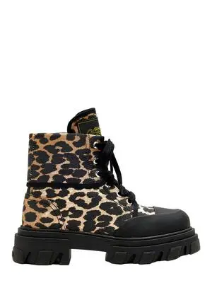 GANNI Leopard Print Combat Boots With Lug Sole - Brown