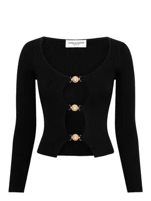 MARINE SERRE Cut-out Ribbed Cardigan With Moon Clips - Black