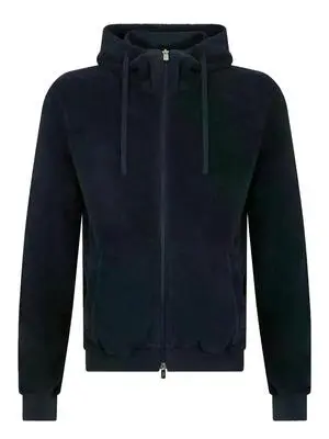 Fedeli Zip-up Drawstring Hoodie In Dark Cotton Terrycloth - Blue