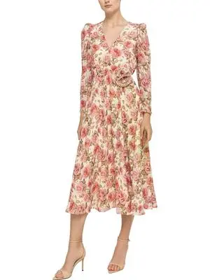 NISSA Floral Detail Midi Dress With V-neckline And Appliqu - Neutrals