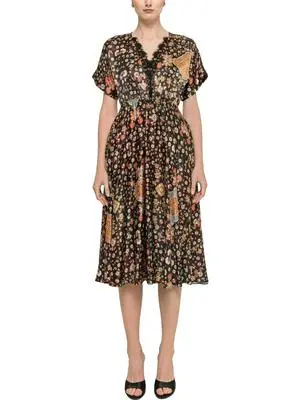 NISSA Floral Print Viscose Midi Dress - Black