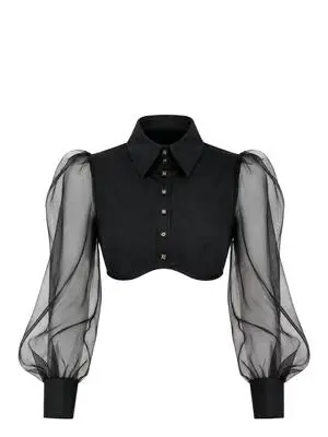 Elisabetta Franchi Sheer Organza Sleeve Cropped Shirt - Black