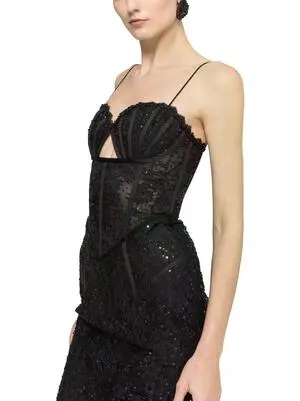 NISSA Exaggerated Hip Lace Midi Dress - Black