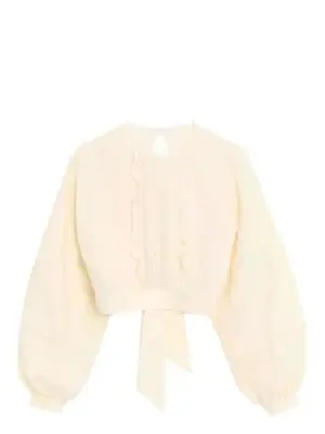 Valentino Garavani Couture Linen Top With Lace Entredéux And Bow Detail - Neutrals