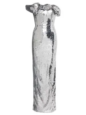 Rachel Gilbert Sequined One-shoulder Gown - Silver