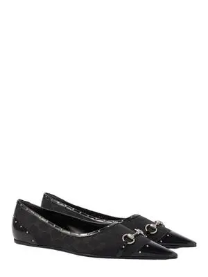 Gucci Horsebit Gg Canvas Studded Flats - Black
