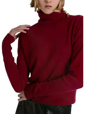 Alberta Ferretti Burgundy Fine Knit Roll Neck Sweater With Gold-tone Button Detailing - Red
