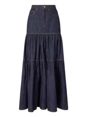 Saint Laurent Tiered Denim Maxi Skirt - Blue