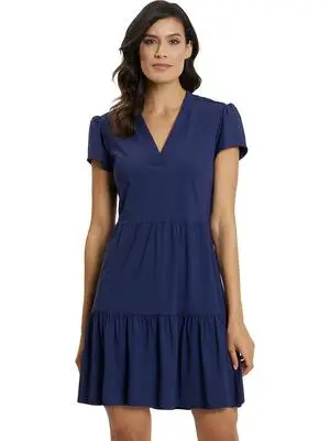 Jude Connally Ginger V-neck Tiered Dress With Puff Sleeves - Navy